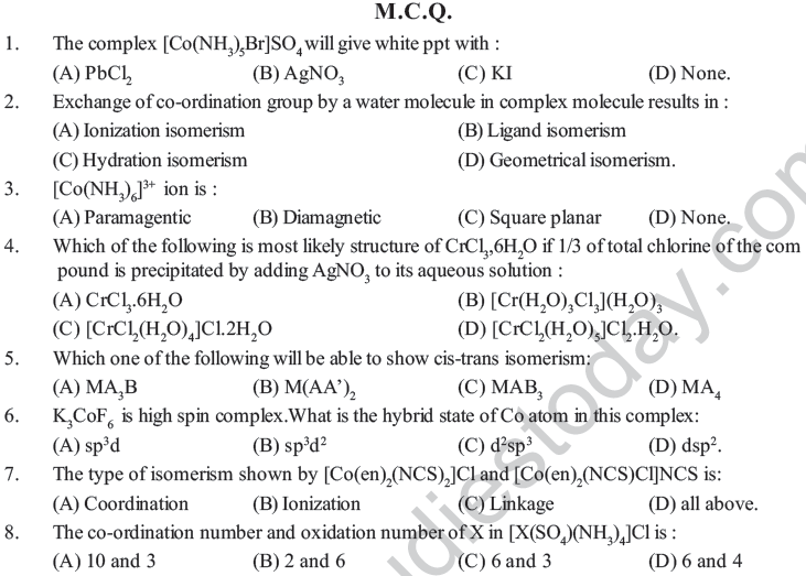 NEET UG Chemistry Coordination Compounds MCQs, Multiple Choice Questions